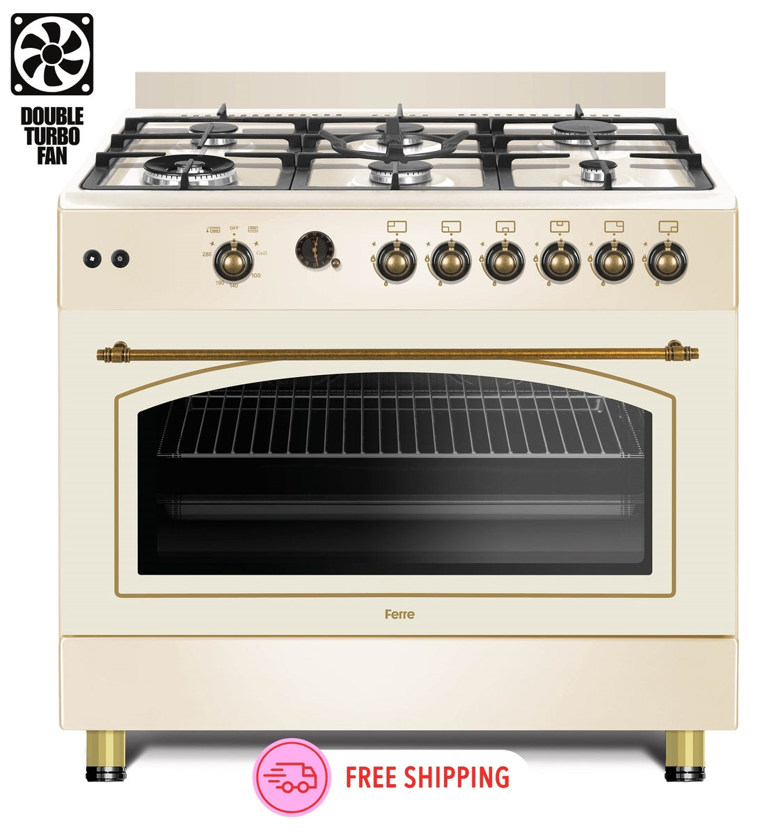 Ferre F9S60GF-CR-RETRO 90cm Gas Range Cooker With Double Turbo Fan & 6 ...
