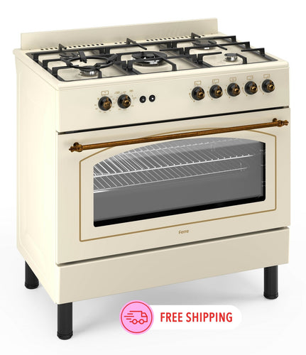 Ferre F9S50GF-CR-RETRO 90cm Gas Range Cooker With Double Turbo Fan & 5 ...