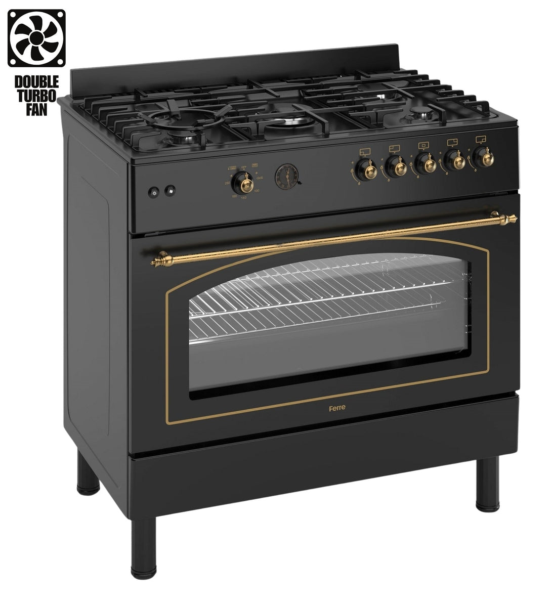 Ferre F9H50GF-BL-RETRO 90cm Gas Range Cooker With Double Turbo Fan & 5 ...