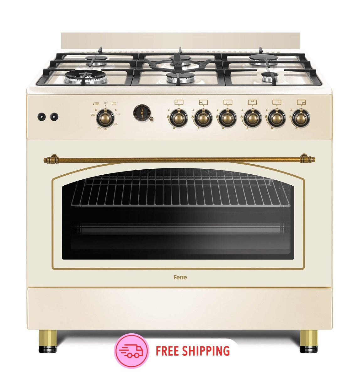 Ferre F9S60GF-CR-RETRO 90cm Gas Range Cooker With Double Turbo Fan & 6 ...