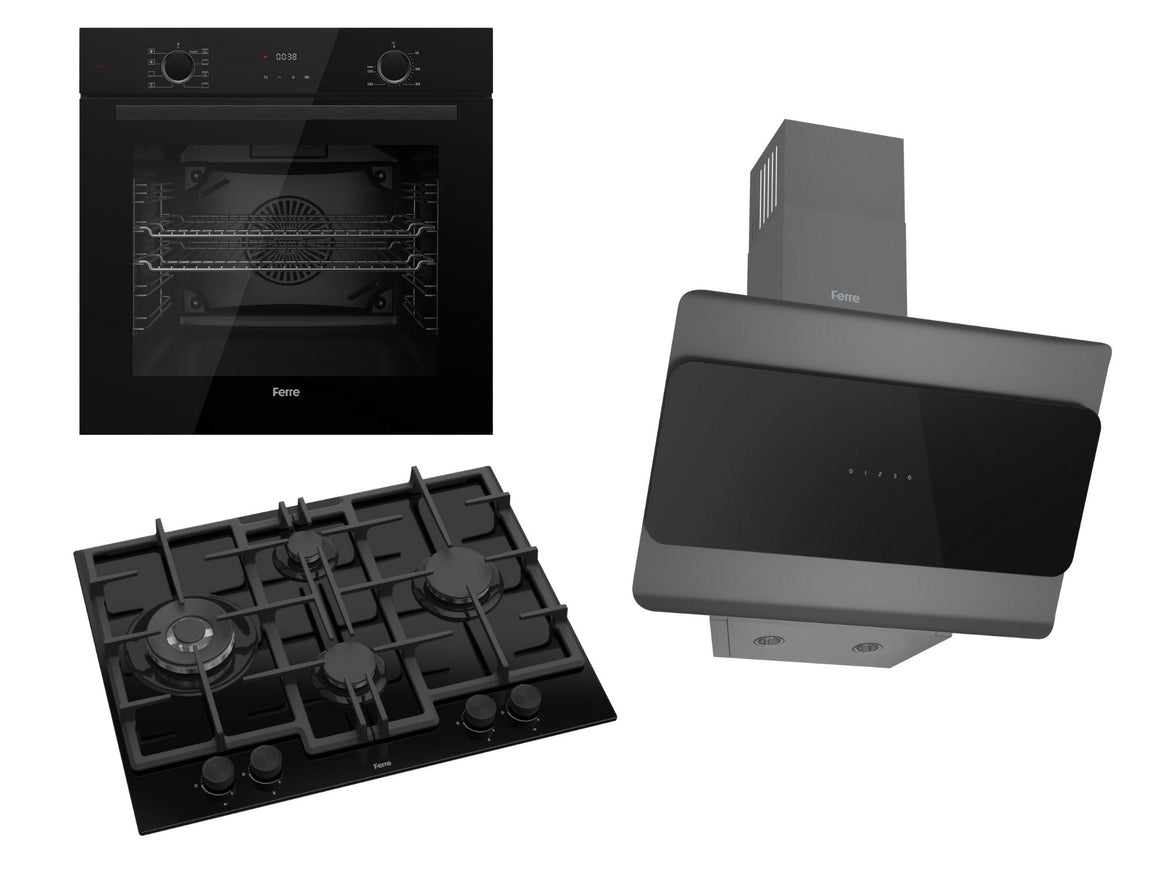 Ferre 60cm Electric Built-in Oven & Gas Hob & Chimney Cooker Hood Pack ...