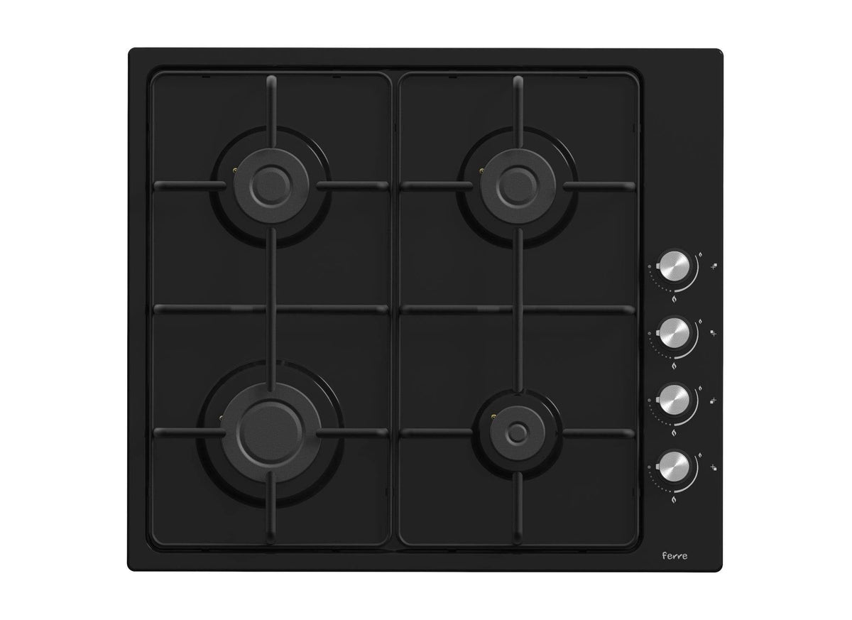 Ferre EL056 - 60cm Built-in Gas Hob - 4 Burners - Shiny Black Enamel Body